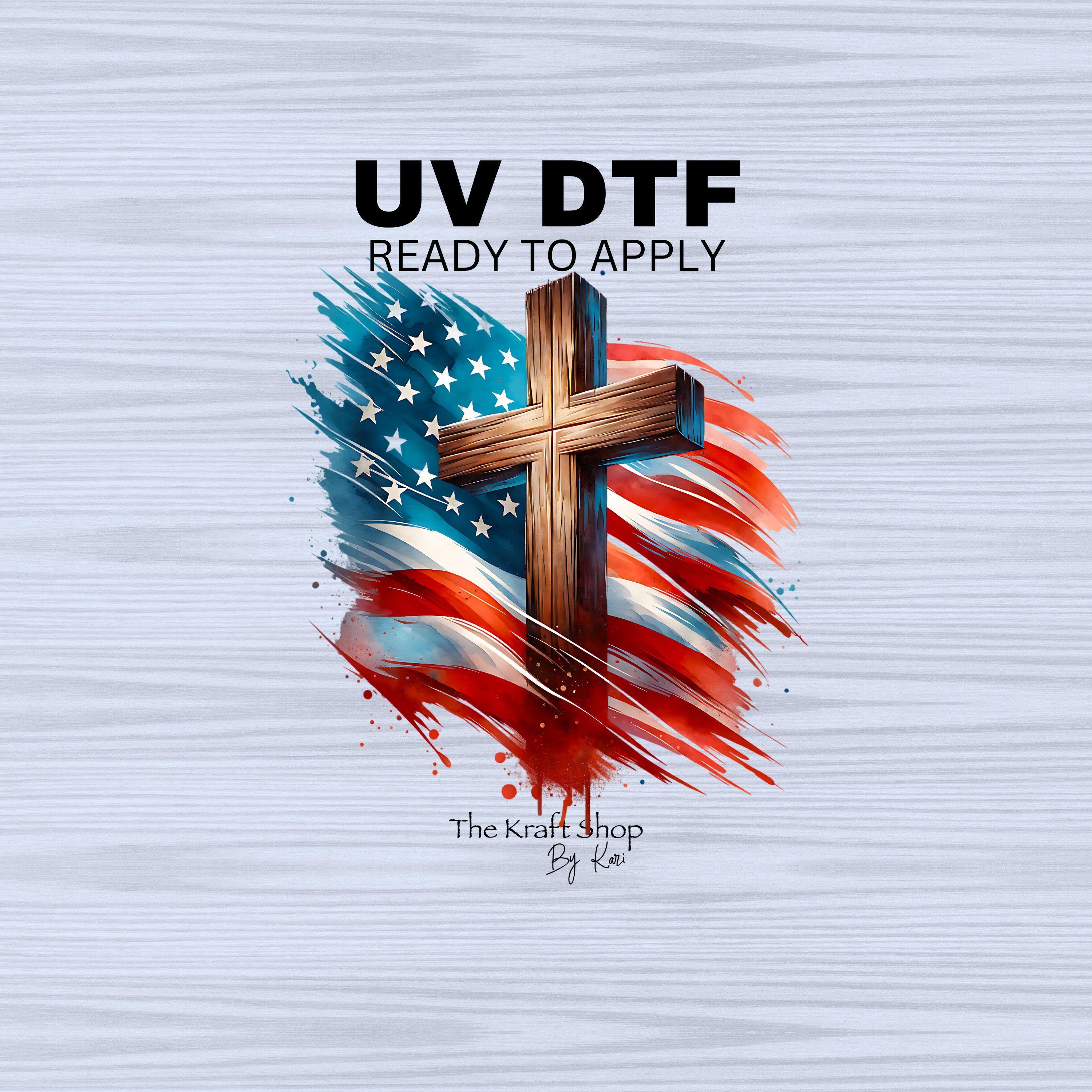 UV DTF Sticker print. Cross Flag American Flag in the wind pattern dec ...